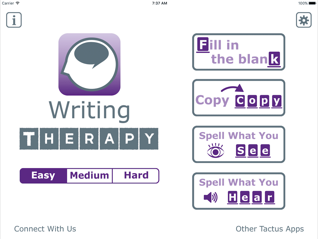 Writing Therapy app for word spelling after stroke with aphasia iOS Android